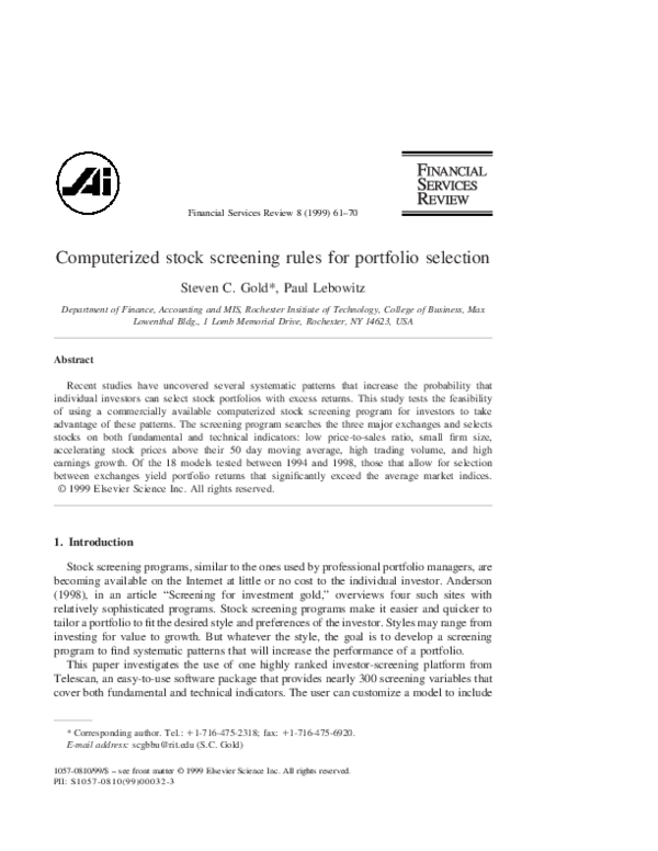 (PDF) Computerized stock screening rules for portfolio selection