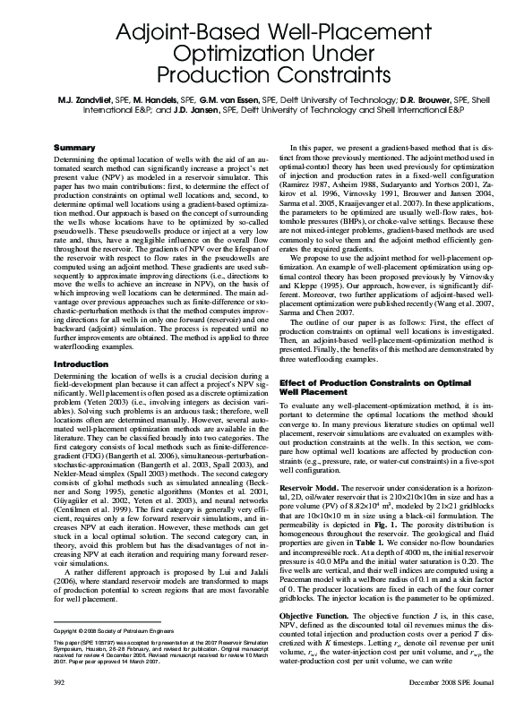 (PDF) Adjoint-Based Well-Placement Optimization Under Production Constraints
