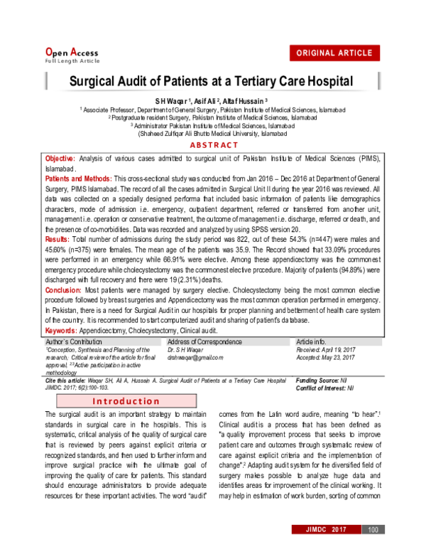 (PDF) Surgical Audit of Patients at a Tertiary Care Hospital