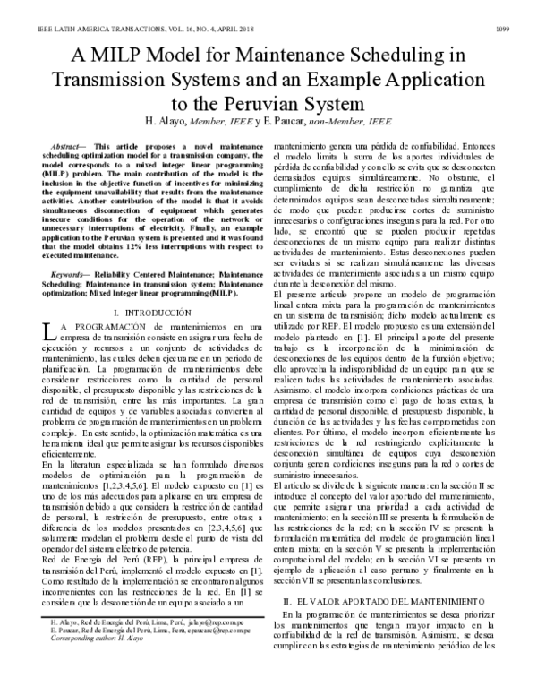 (PDF) A MILP Model for Maintenance Scheduling in Transmission Systems and an Example Application ...