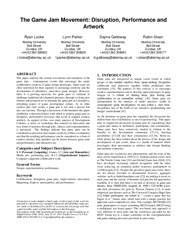 (PDF) The game jam movement: disruption, performance and artwork