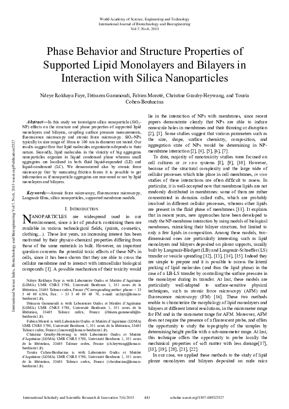 (PDF) Phase Behavior And Structure Properties Of Supported Lipid Monolayers And Bilayers In ...