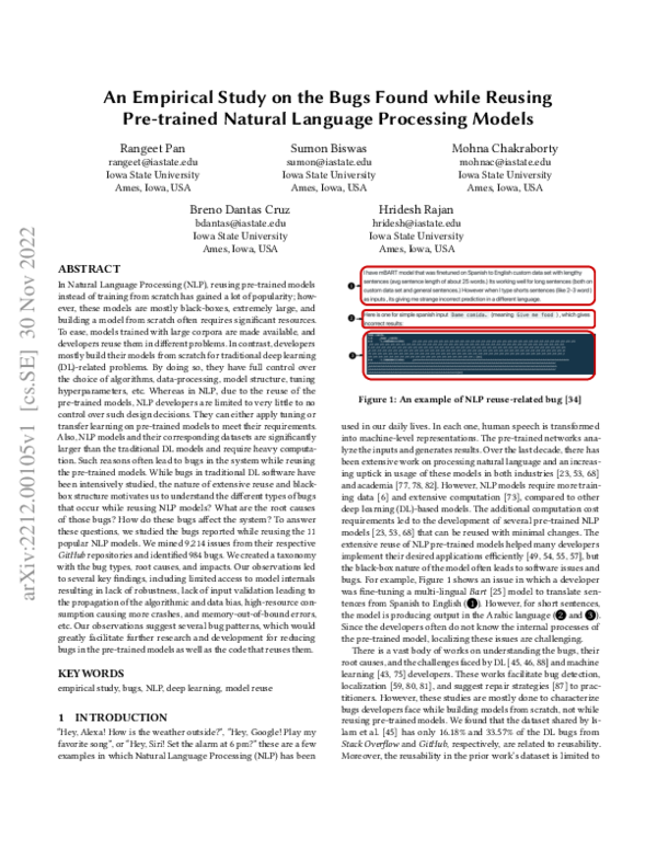 (PDF) An Empirical Study on the Bugs Found while Reusing Pre-trained Natural Language Processing ...