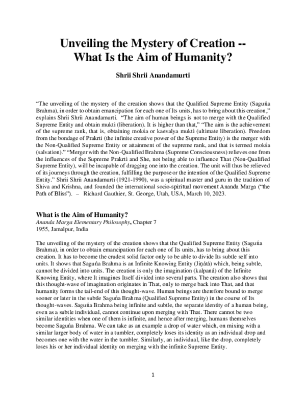 (PDF) Unveiling the Mystery of Creation -- What Is the Aim of Humanity?