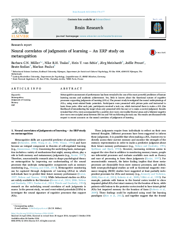 (PDF) Neural Correlates of Judgments of Learning - An ERP Study on ...