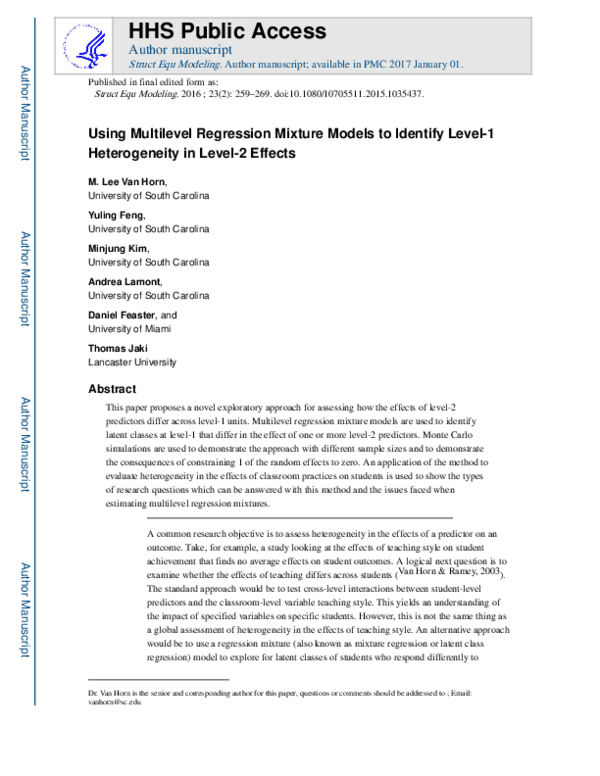 (PDF) Using Multilevel Regression Mixture Models to Identify Level-1 Heterogeneity in Level-2 ...