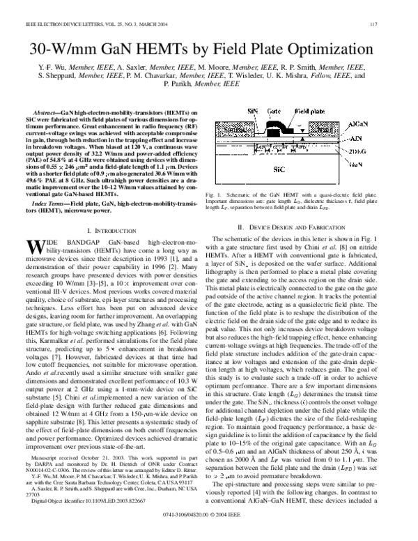 (PDF) 30-W/mm GaN HEMTs by Field Plate Optimization
