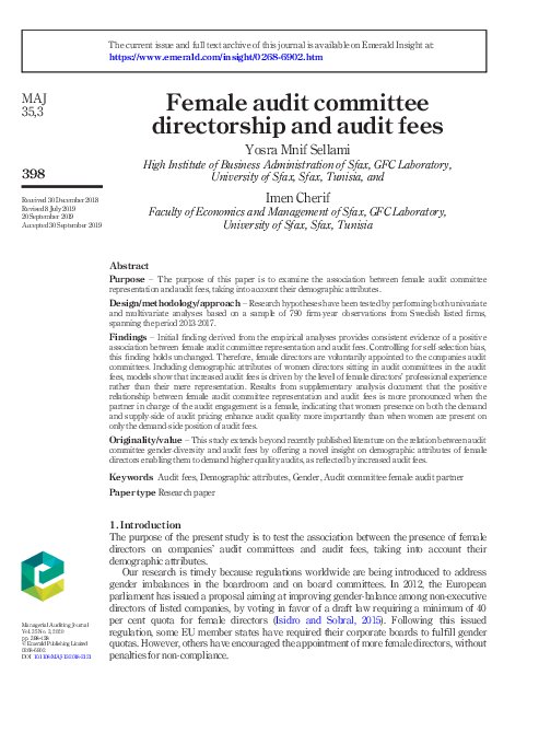 (PDF) Female audit committee directorship and audit fees