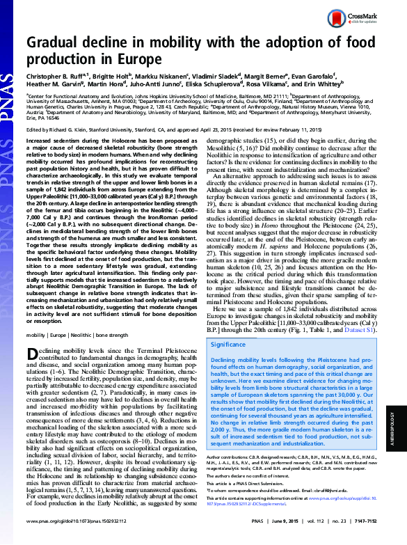 (PDF) Gradual decline in mobility with the adoption of food production ...
