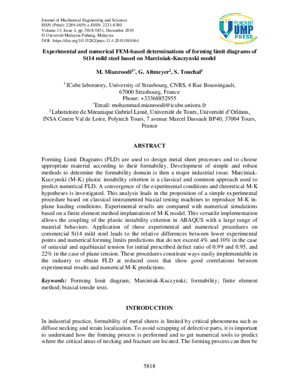 Pdf Experimental And Numerical Fem Based Determinations Of Forming Limit Diagrams Of St14 Mild