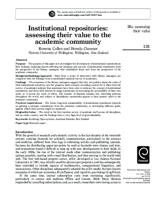 (PDF) Institutional repositories: assessing their value to the academic ...