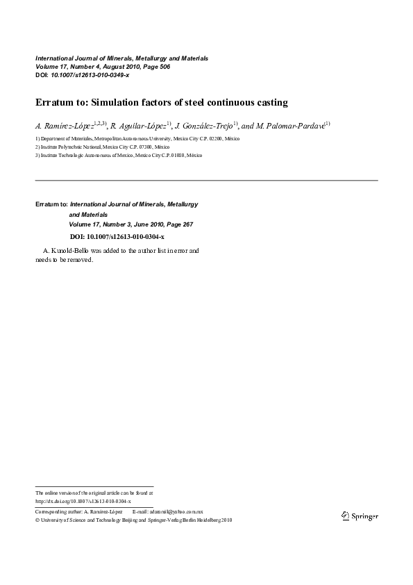 (PDF) Erratum to: Simulation factors of steel continuous casting