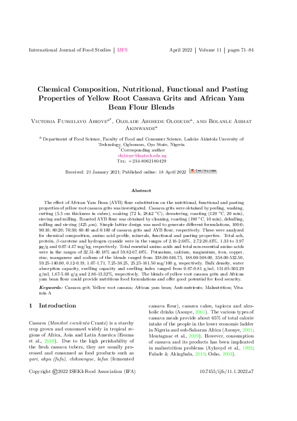 (PDF) Chemical composition, nutritional, functional and pasting properties of yellow root ...