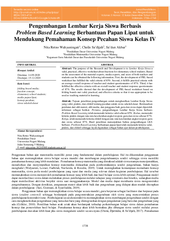 (PDF) Pengembangan Lembar Kerja Siswa Berbasis Problem Based Learning Berbantuan Papan Lipat ...
