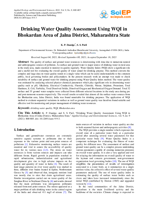 (PDF) Drinking Water Quality Assessment Using WQI in Bhokardan Area of ...