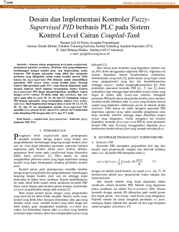 Pdf Desain Dan Implementasi Kontroler Fuzzy Supervised Pid Berbasis Plc Pada Sistem Kontrol