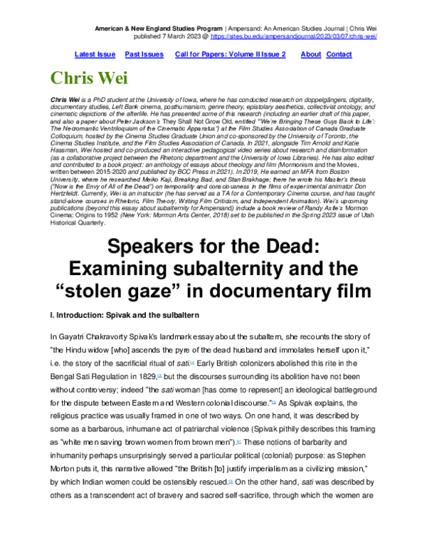 (PDF) Speakers for the Dead: Examining subalternity and the "stolen ...