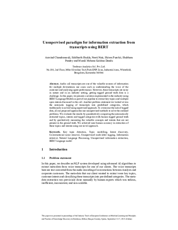 Pdf Unsupervised Paradigm For Information Extraction From Transcripts Using Bert Neeti Nair