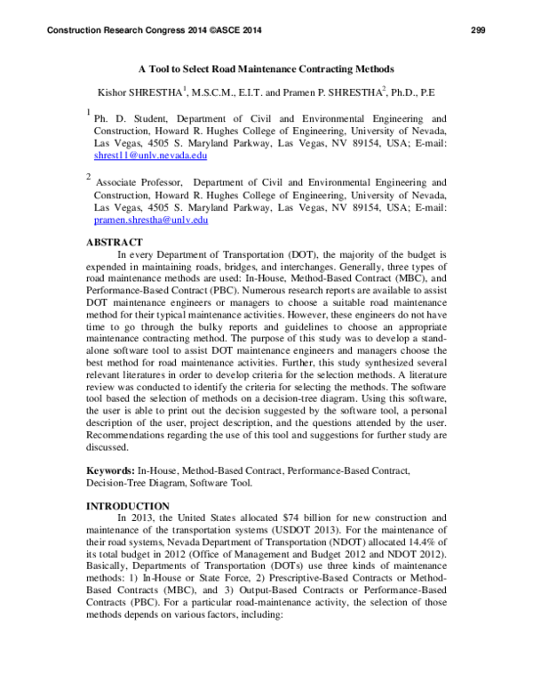 (PDF) A Tool to Select Road Maintenance Contracting Methods