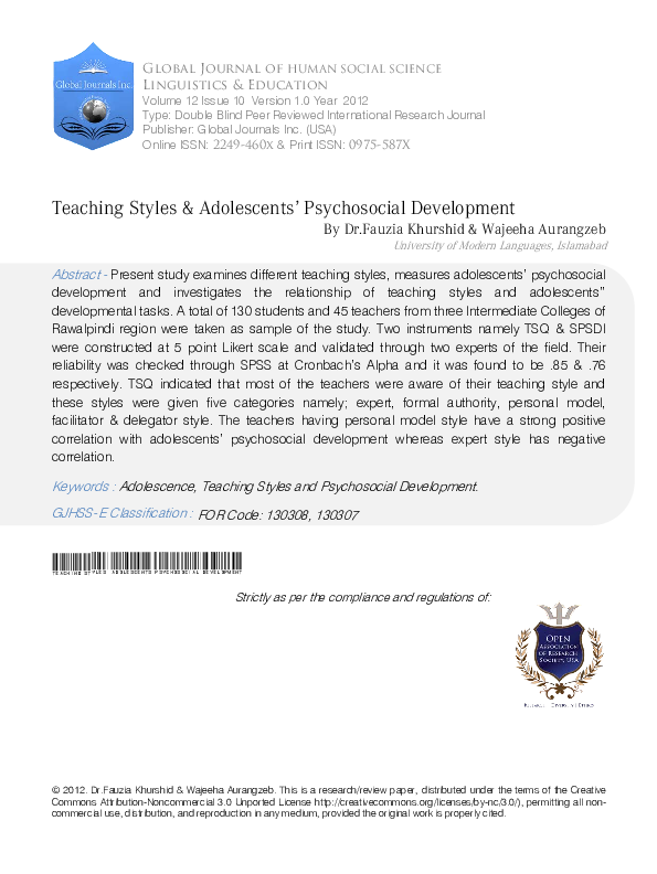 (PDF) Teaching Styles & Adolescents ’ Psychosocial Development
