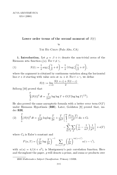 (PDF) Lower order terms of the second moment of S(t)
