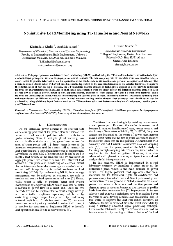 Pdf Nonintrusive Load Monitoring Using Tt Transform And Neural Networks