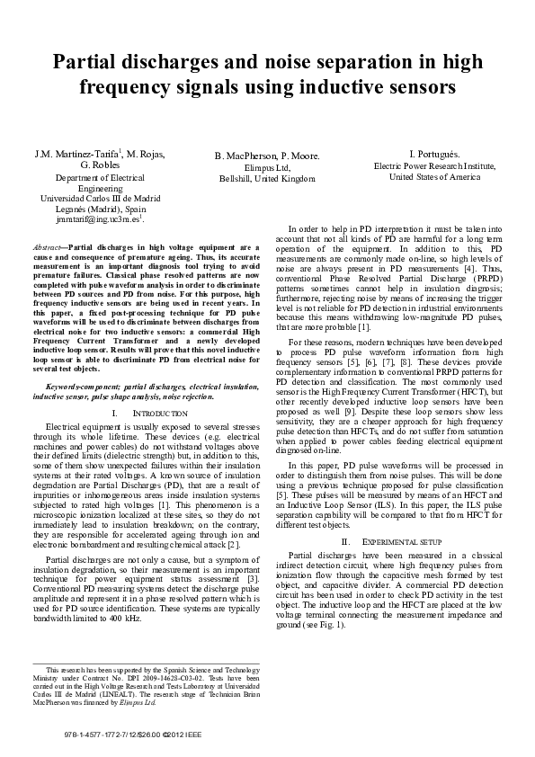 (PDF) Partial discharges and noise separation in high frequency signals using inductive sensors