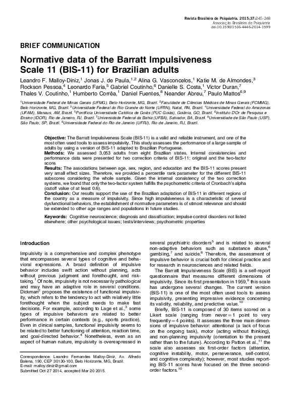 (PDF) Normative data of the Barratt Impulsiveness Scale 11 (BIS-11) for ...