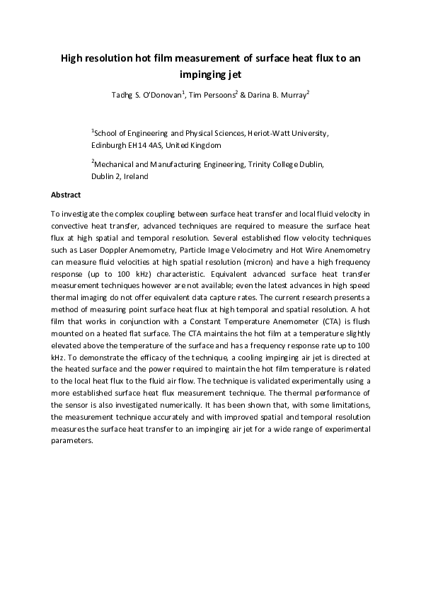 (PDF) High-resolution hot-film measurement of surface heat flux to an ...
