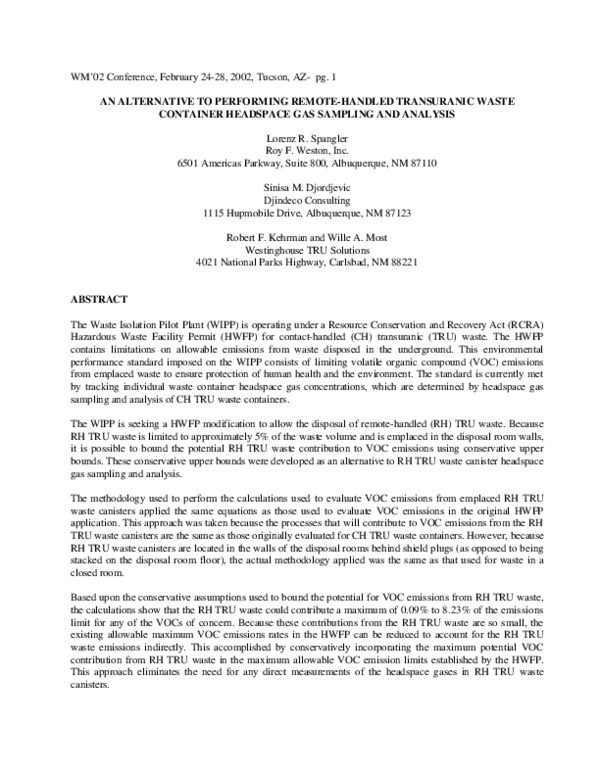 (PDF) An Alternative to Performing Remote-Handled Transuranic Waste ...
