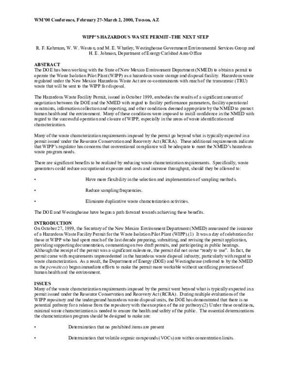 (PDF) Wipp's Hazardous Waste Permit-The Next Step