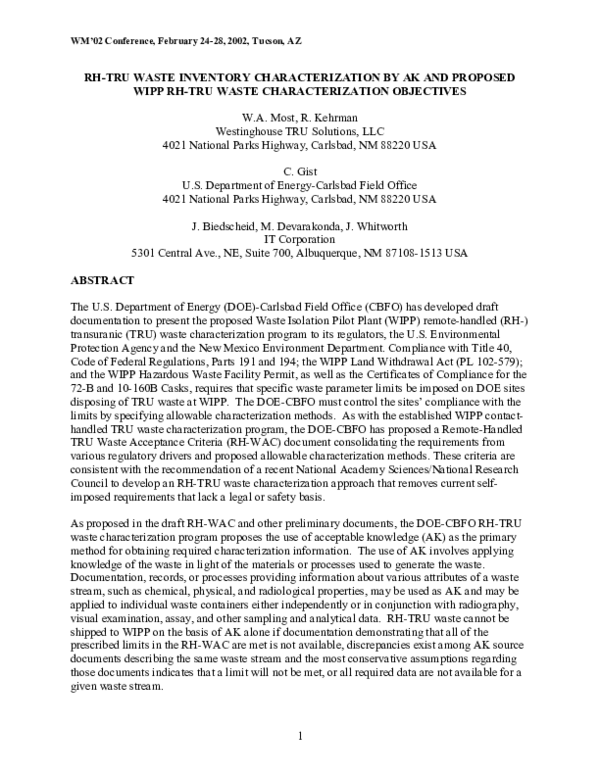 (PDF) RH-TRU Waste Inventory Characterization by AK and Proposed WIPP ...
