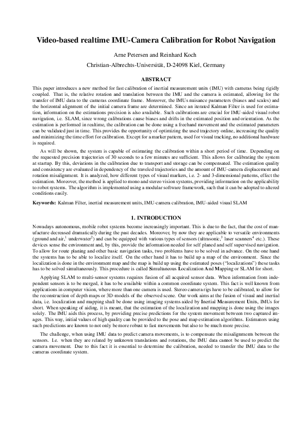 Pdf Video Based Realtime Imu Camera Calibration For Robot Navigation