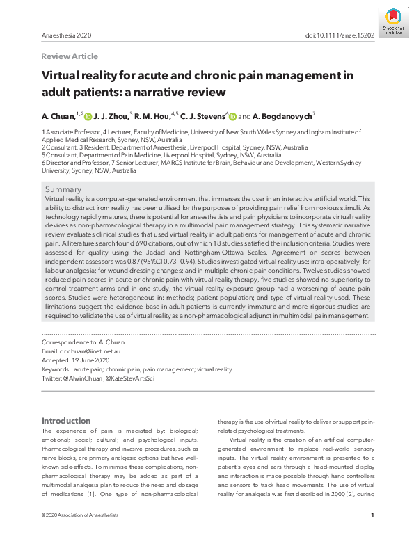 (PDF) Virtual reality for acute and chronic pain management in adult ...