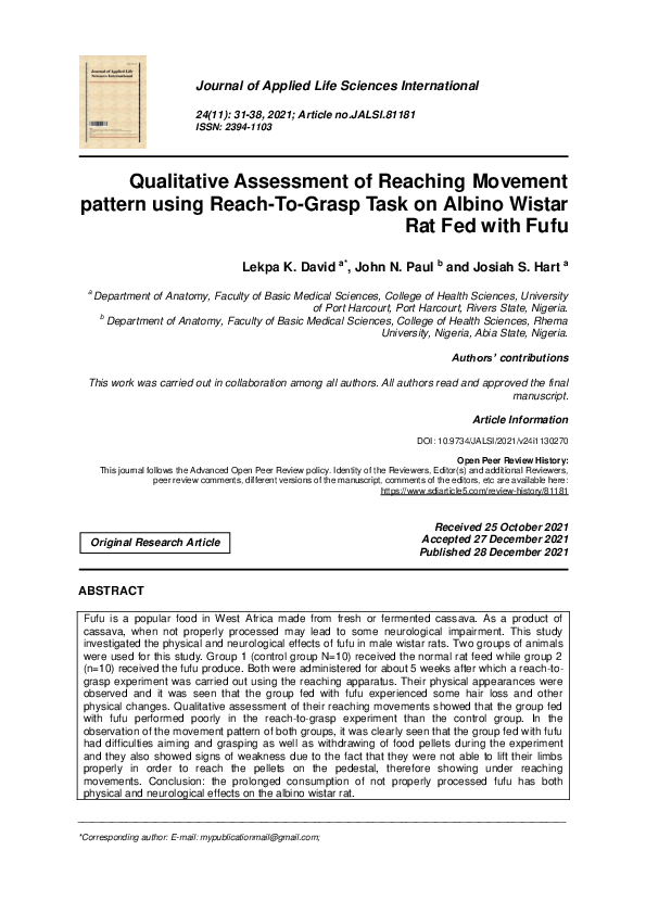 Pdf Qualitative Assessment Of Reaching Movement Pattern Using Reach To Grasp Task On Albino