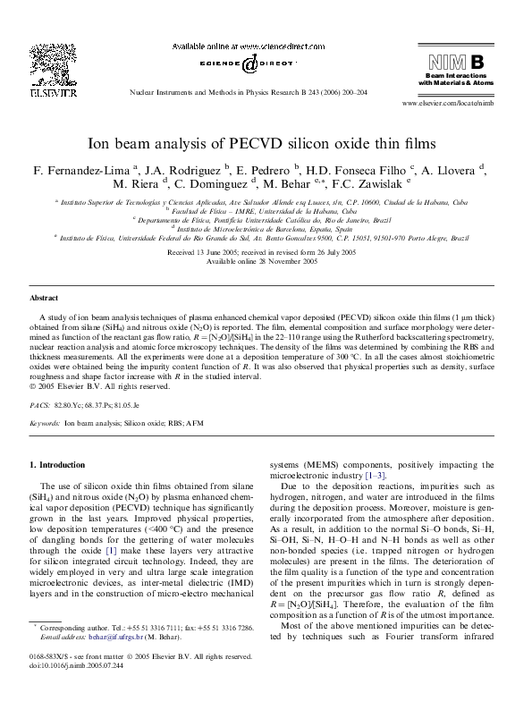 (PDF) Ion beam analysis of PECVD silicon oxide thin films