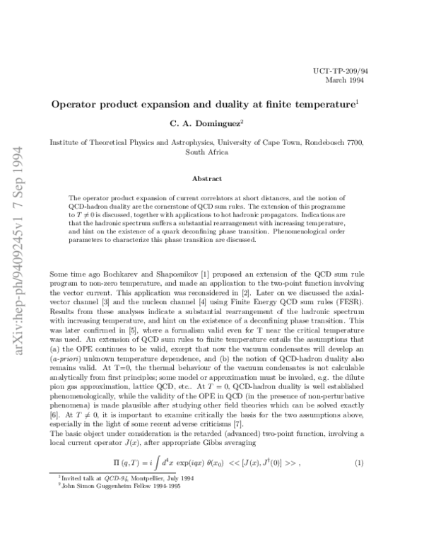 (PDF) Operator product expansion and duality at finite temperature