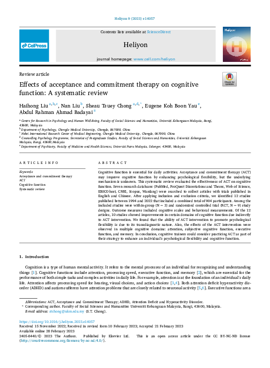 (PDF) Effects of acceptance and commitment therapy on cognitive function: A systematic review