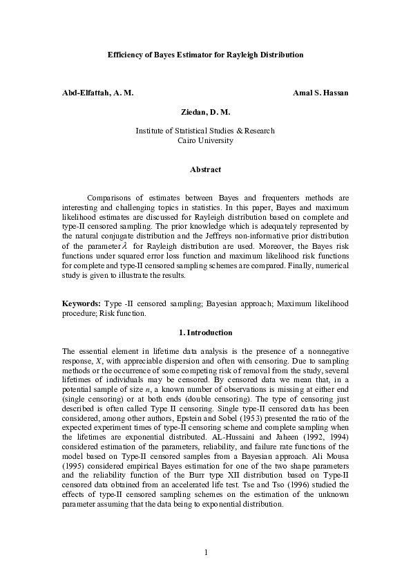 Pdf Efficiency Of Bayes Estimator For Rayleigh Distribution