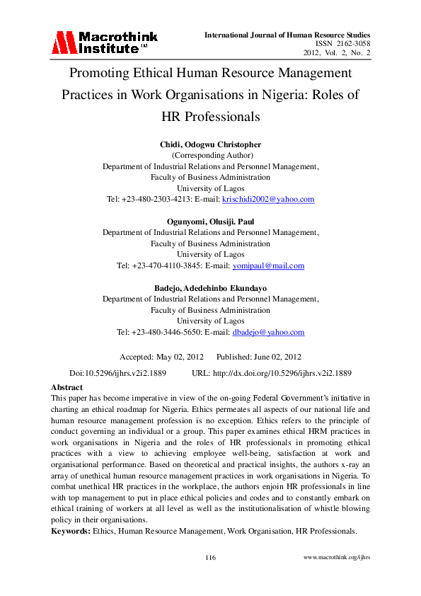 (PDF) Promoting Ethical Human Resource Management Practices in Work Organizations in Nigeria ...