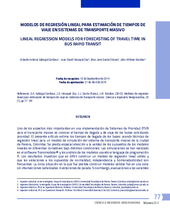 (PDF) Modelos de regresión lineal para estimación de tiempos de viaje en sistemas de transporte ...