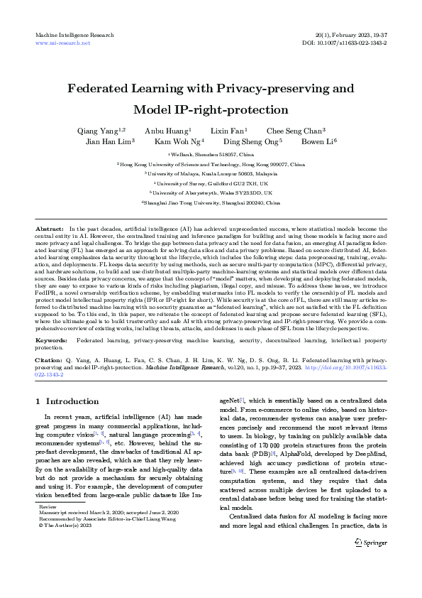 (PDF) Federated Learning with Privacy-preserving and Model IP-right-protection