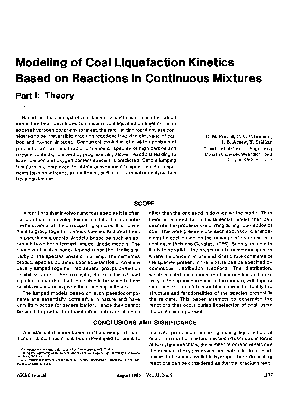(PDF) Modeling of coal liquefaction kinetics based on reactions in ...