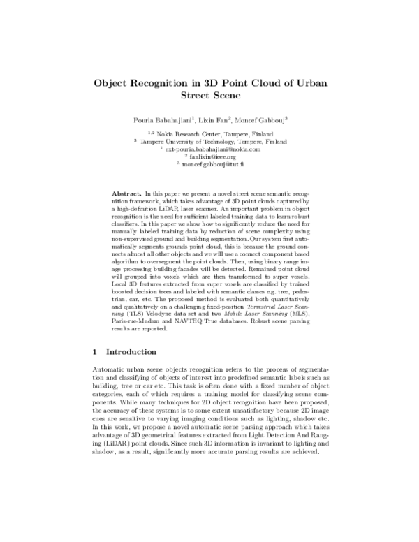 Pdf Object Recognition In 3d Point Cloud Of Urban Street Scene