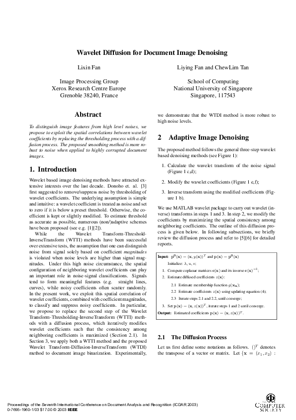 (PDF) Wavelet diffusion for document image denoising