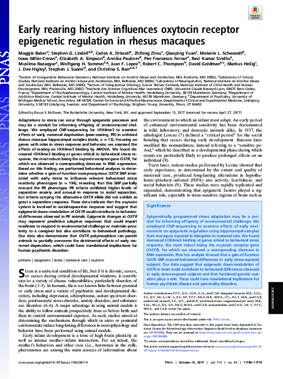 (PDF) Early rearing history influences oxytocin receptor epigenetic ...