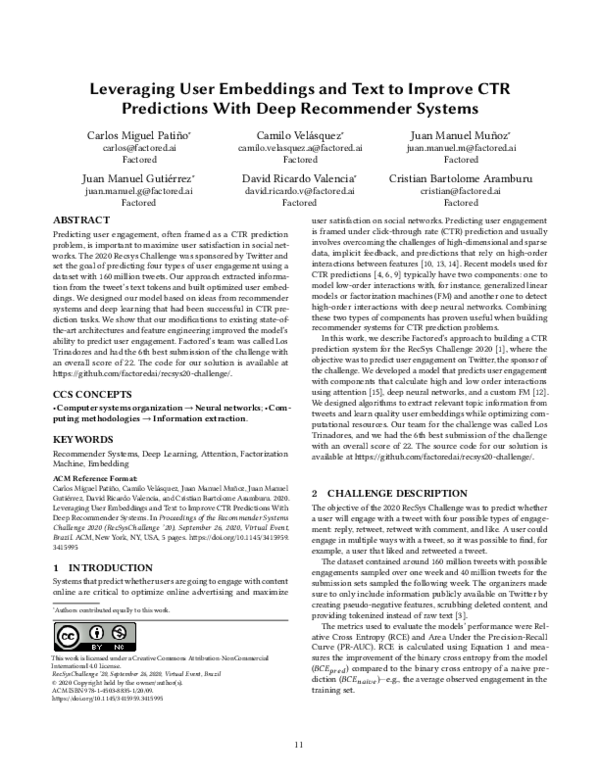 (PDF) Leveraging User Embeddings and Text to Improve CTR Predictions With Deep Recommender Systems