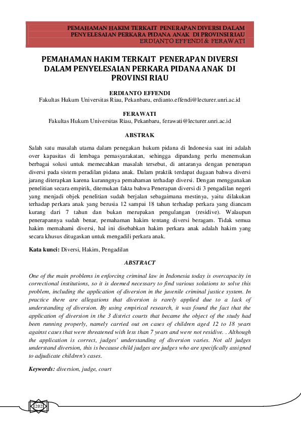 (PDF) Pemahaman Hakim Terkait Penerapan Diversi Dalam Penyelesaian Perkara Pidana Anak DI ...
