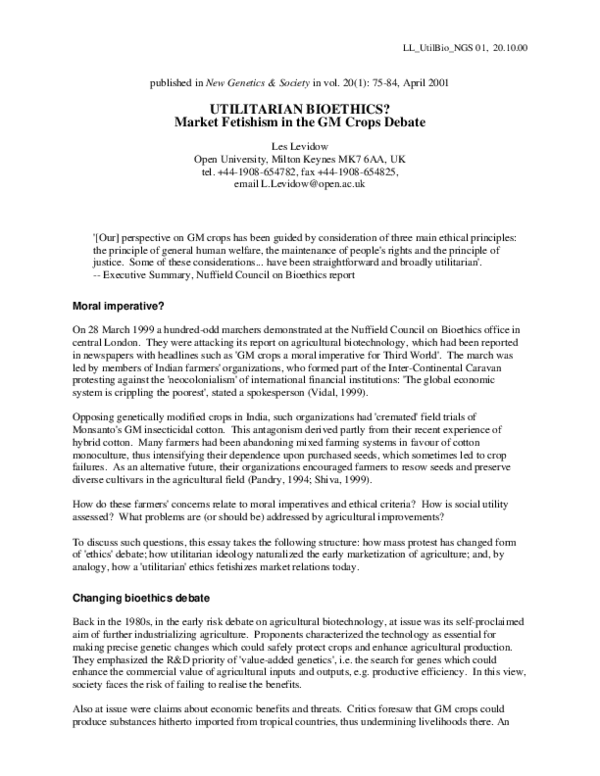 (PDF) Utilitarian bioethics? Market fetishism in the GM crops debate