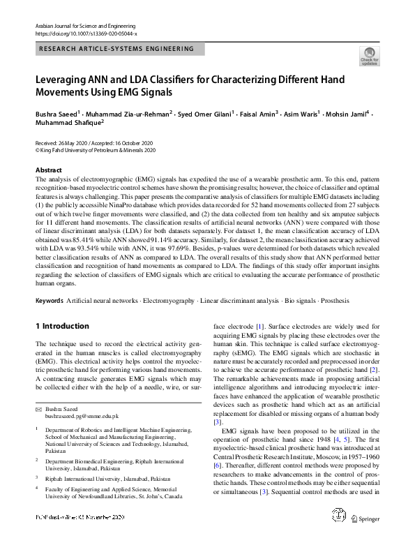 Leveraging ANN and LDA Classifiers for Characterizing Different Hand ...